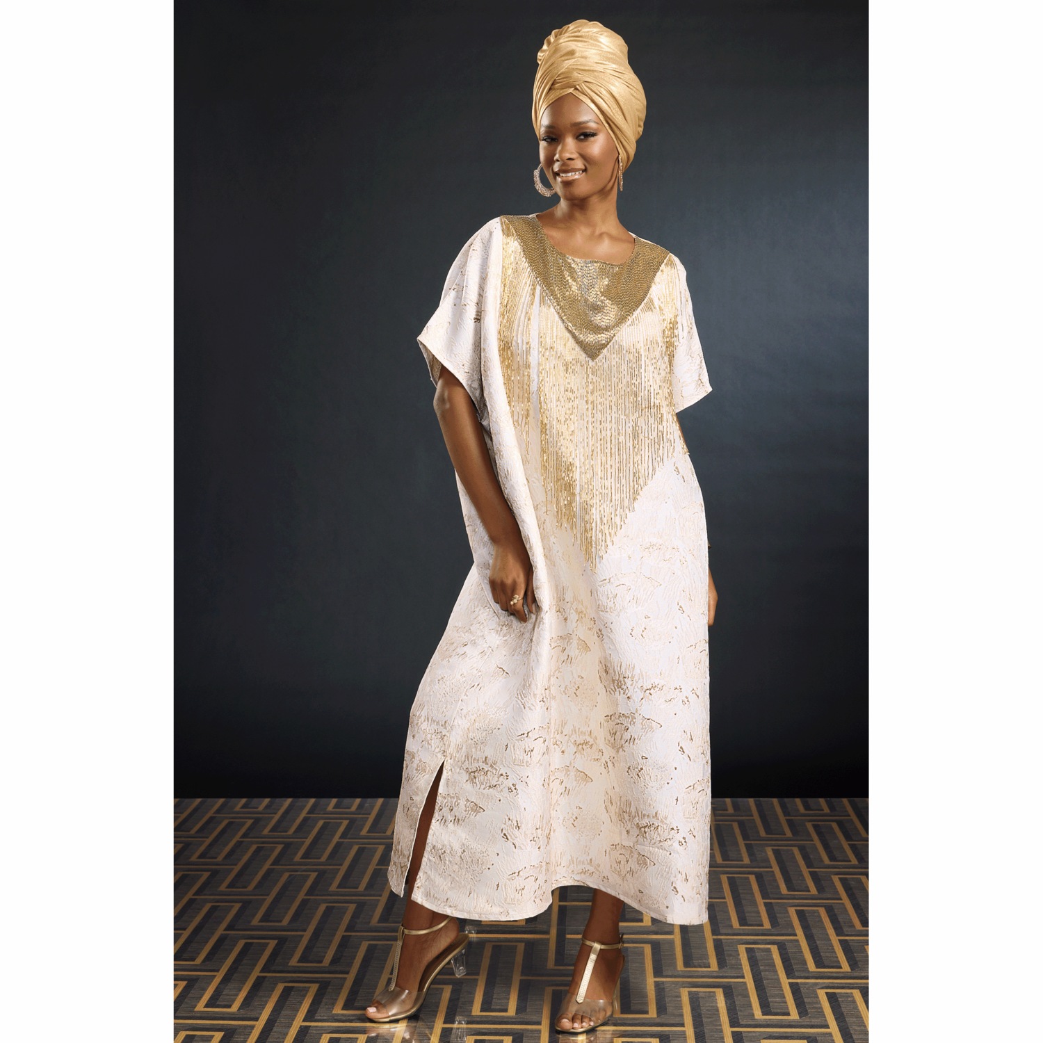 Nadia Metallic Caftan with Beaded Waterfall Neckline | ASHRO
