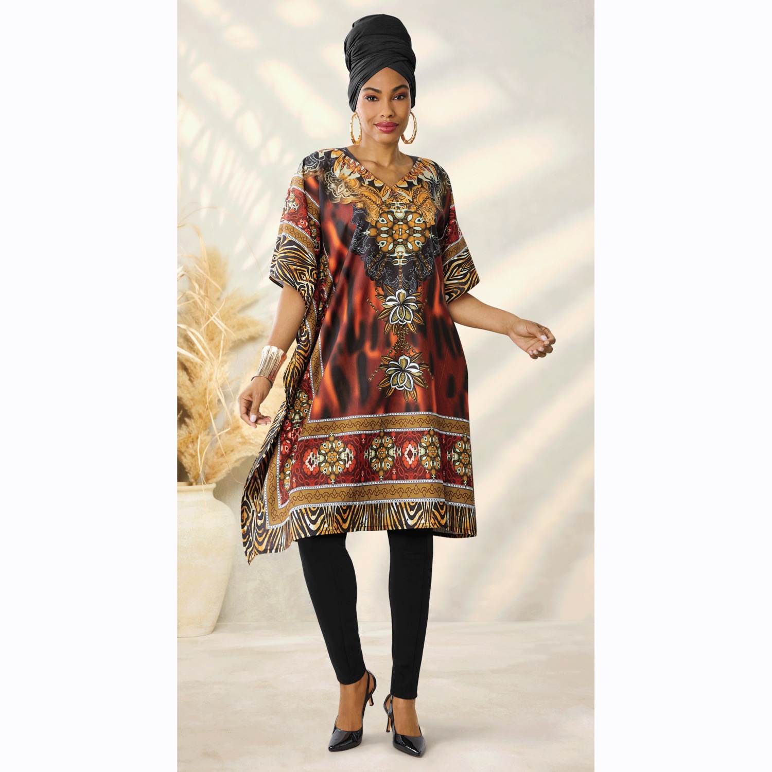 Lulit Short Caftan with V-Neck in Regal Border Print | ASHRO