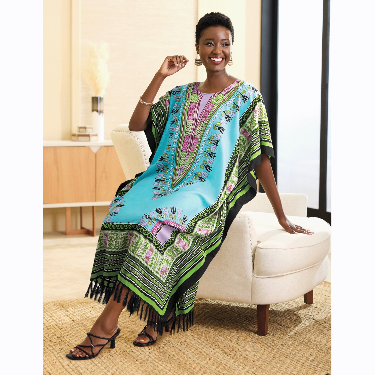 Alora Women's Long Caftan with Fringe Hem | ASHRO