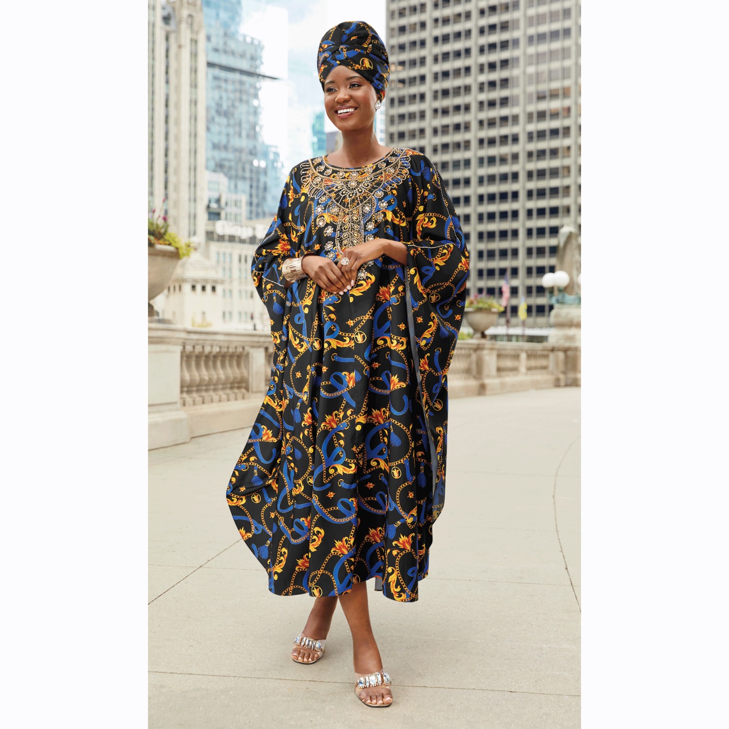 Onika Embellished Caftan and Headwrap Set with Rhinestones and Beading ...