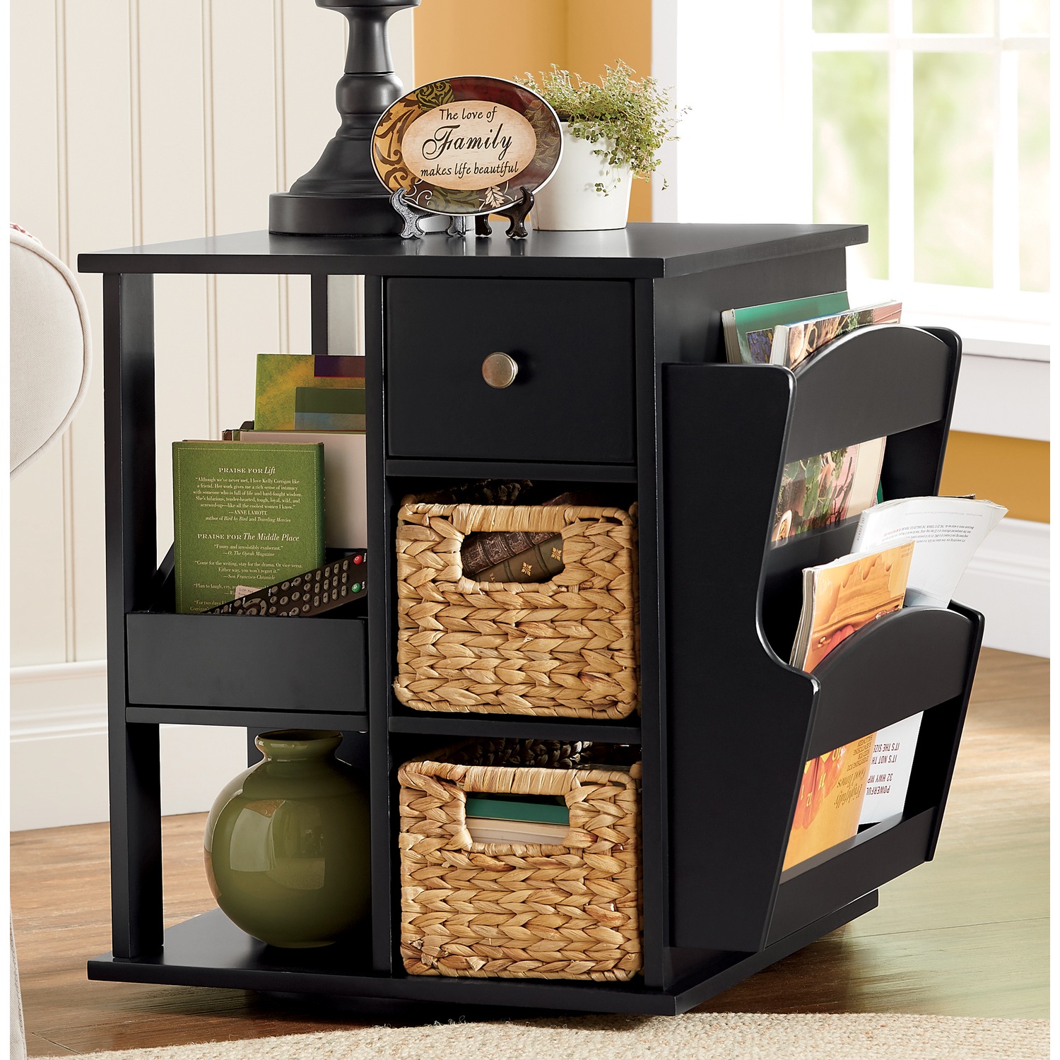Rotating end table with storage store