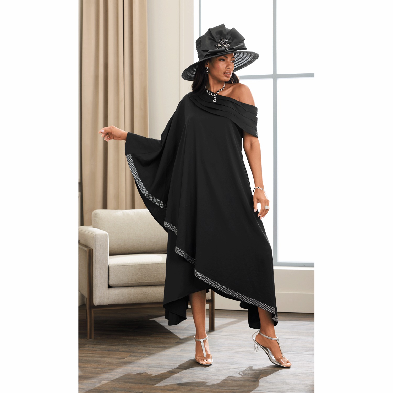 Sisi Off-The-Shoulder Women's Caftan with Rhinestone Trim | ASHRO