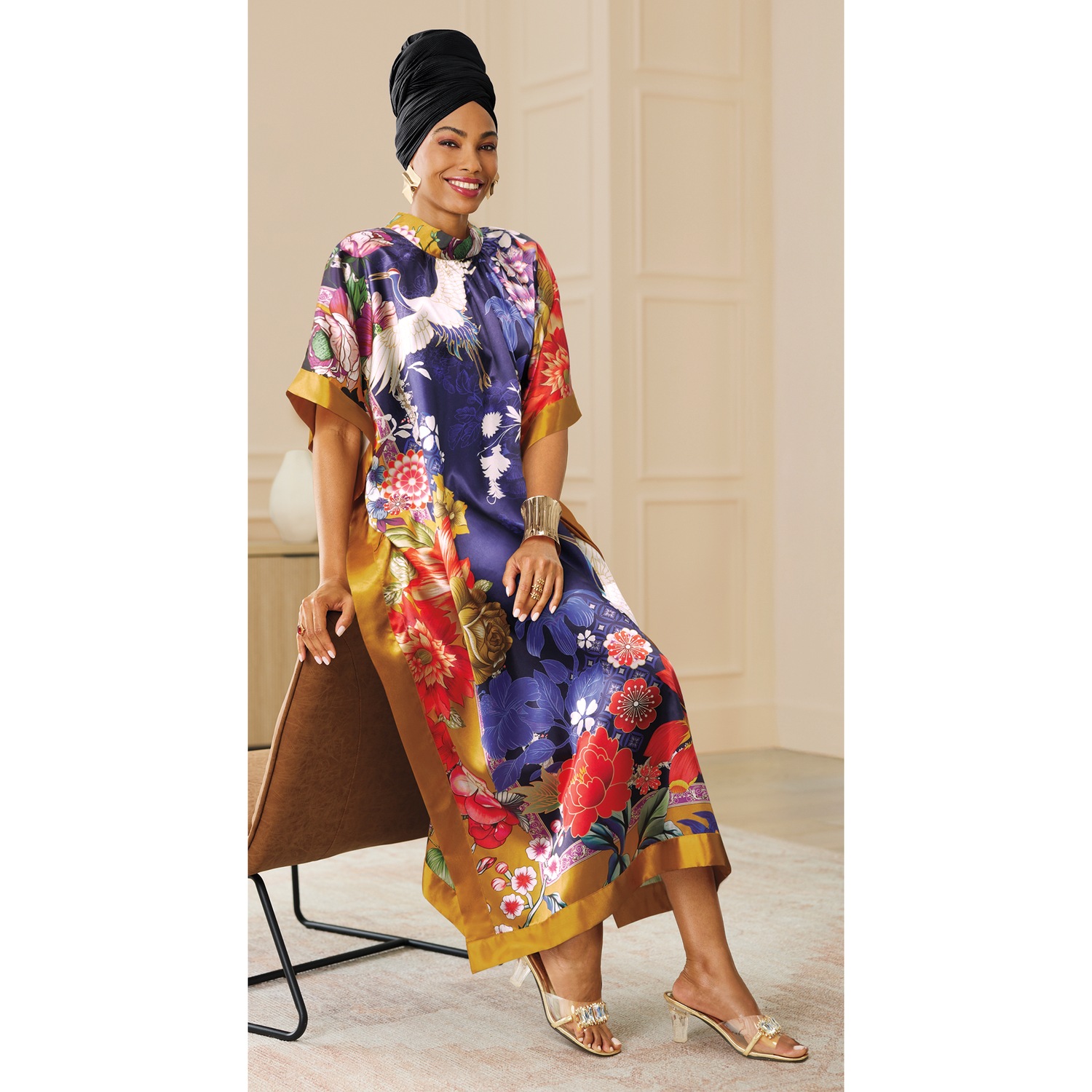 Zella Long Maxi Caftan with Mandarin Collar and Back Tie in Exotic ...