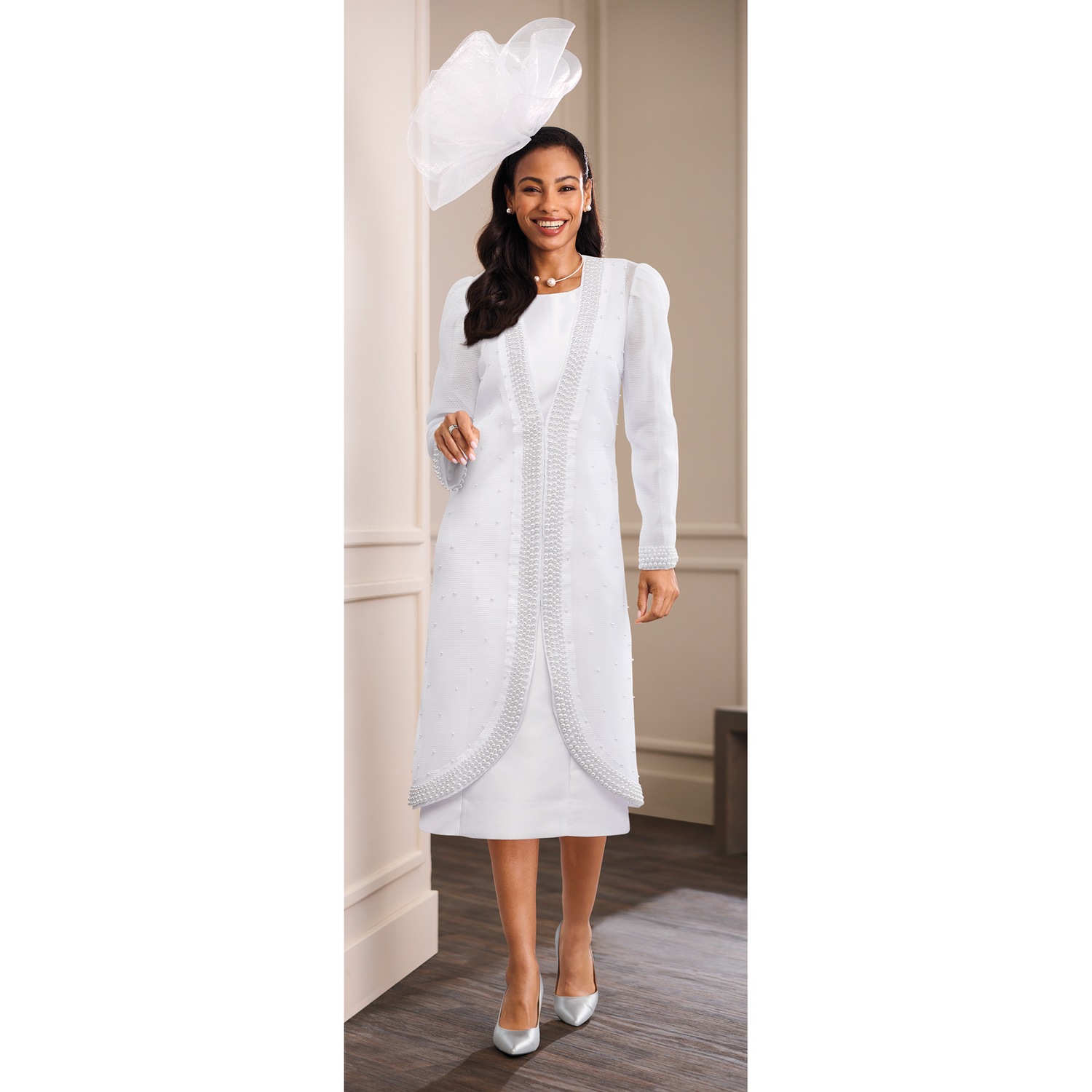 Lelina Faux-Pearl and Mesh Women's Jacket Dress with Puffed Sleeves | ASHRO