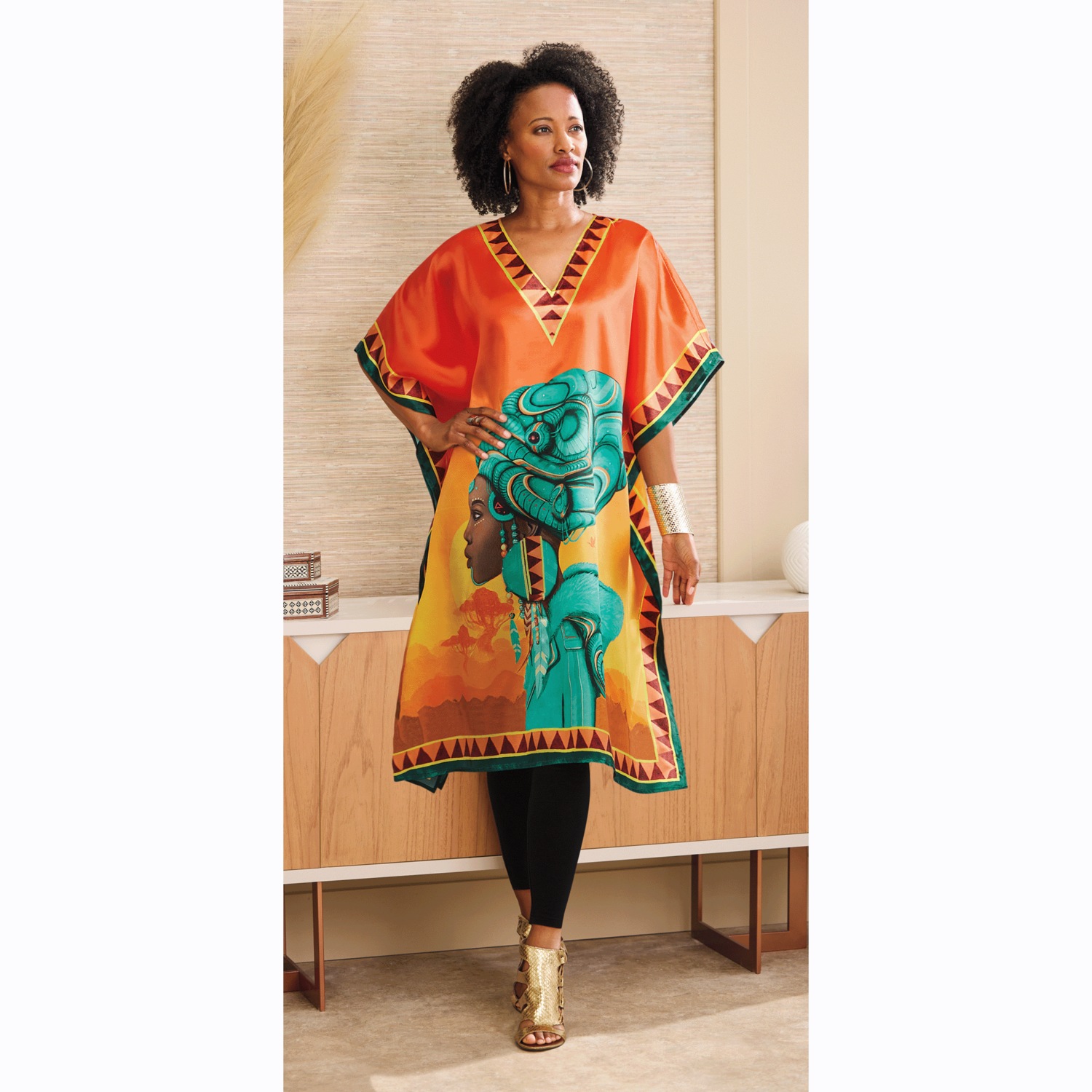 Jasira Women's Short Caftan with a Portrait of a Woman in a Headwrap ...