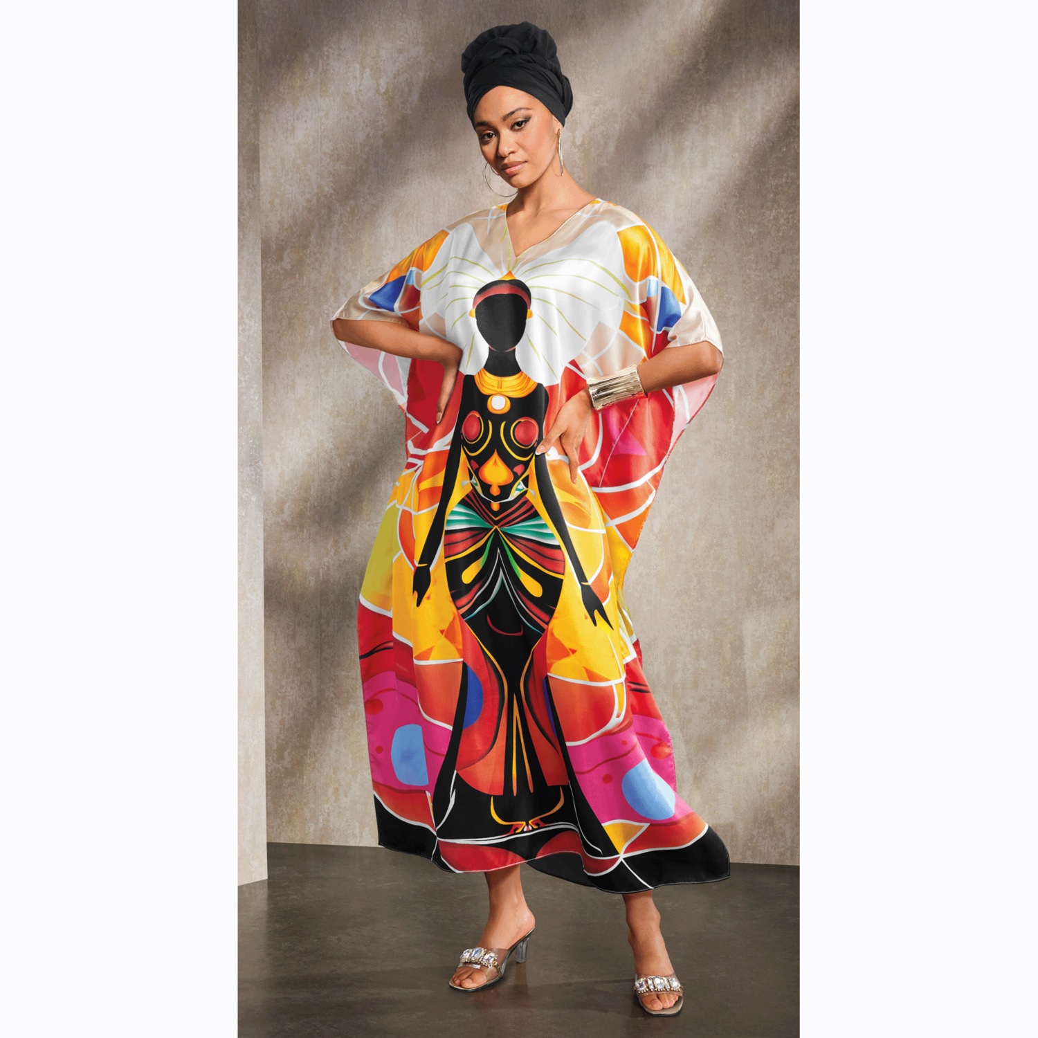 Zaya Long Maxi Caftan with V-Neck and Afrocentric Queen Graphic | ASHRO