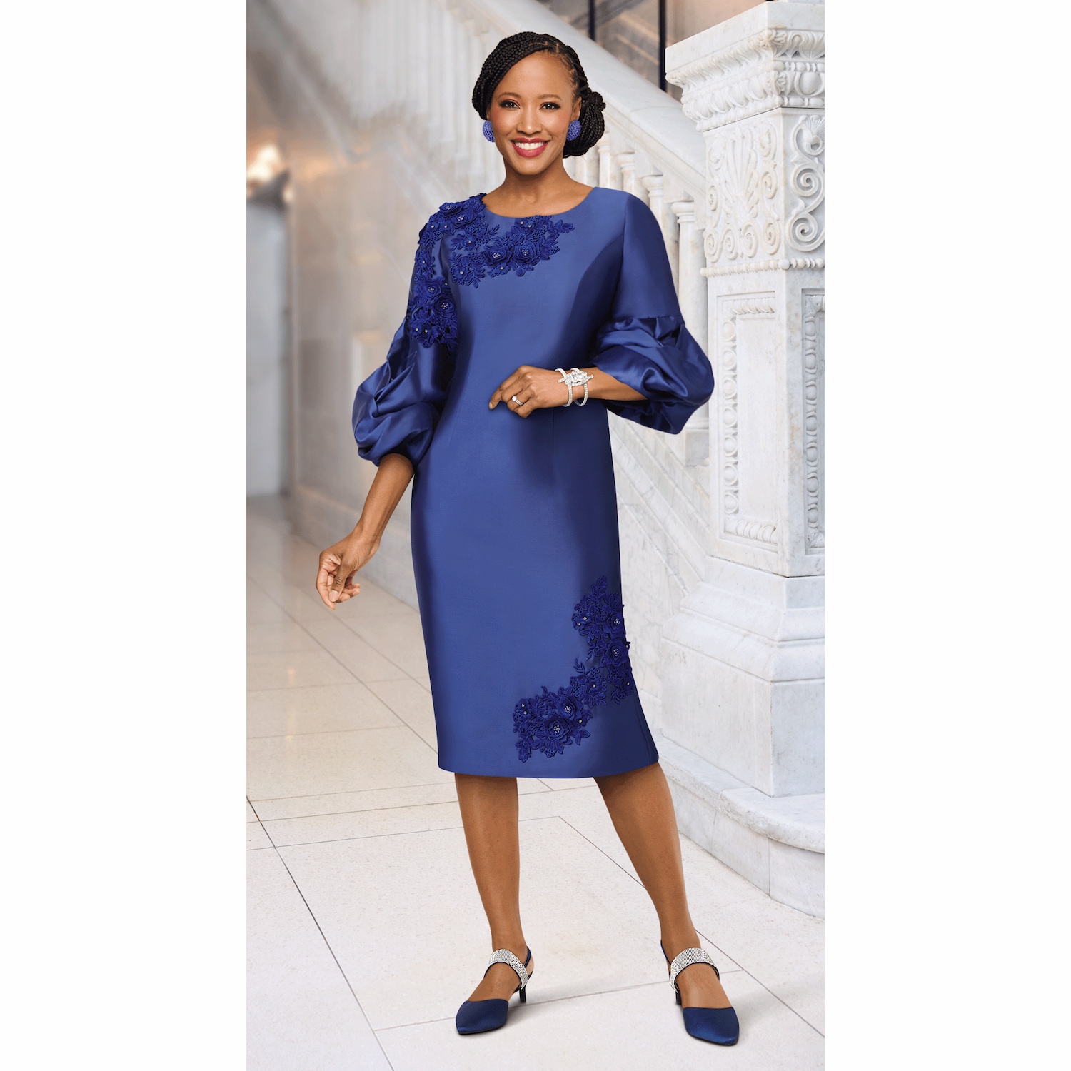 Lucretia Floral Lace-Appliqué Women's Dress with Statement Sleeves | ASHRO