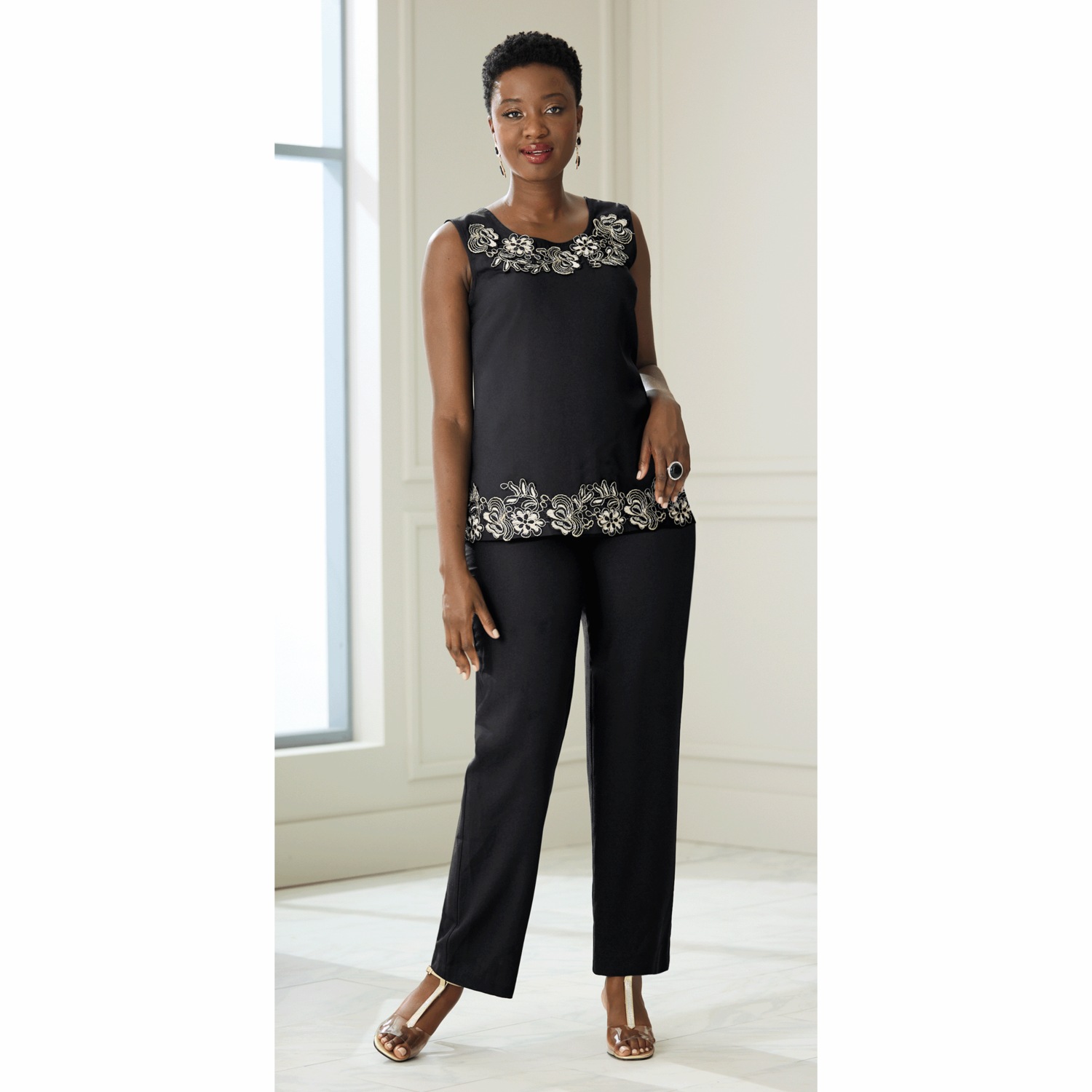 Efe 3-Piece Stretch-Crepe, Gold Lace Pant Set with Jacket, Tank and ...