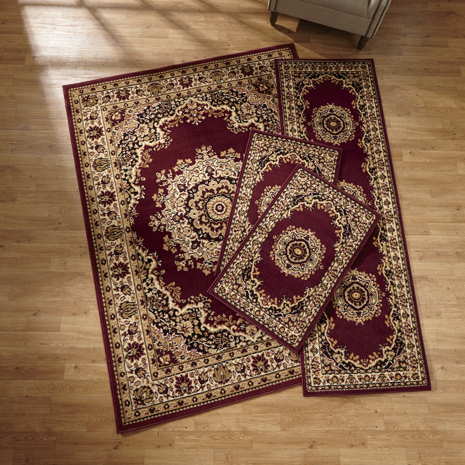 4-Piece Plush Floral Kirman Rug Set with Runner and Mats | ASHRO