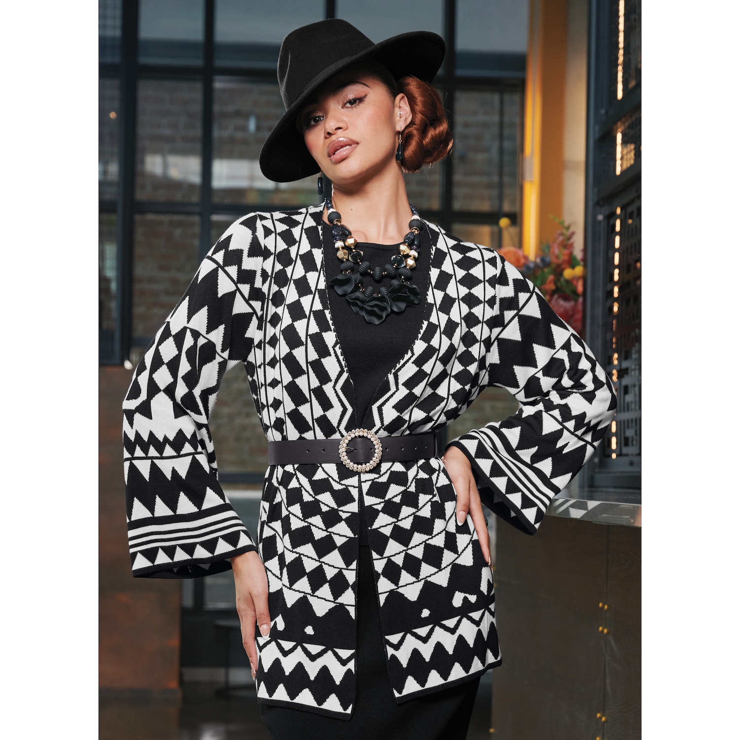 Kali Op-Art Cardigan in Geometric Jacquard Sweater Knit | ASHRO