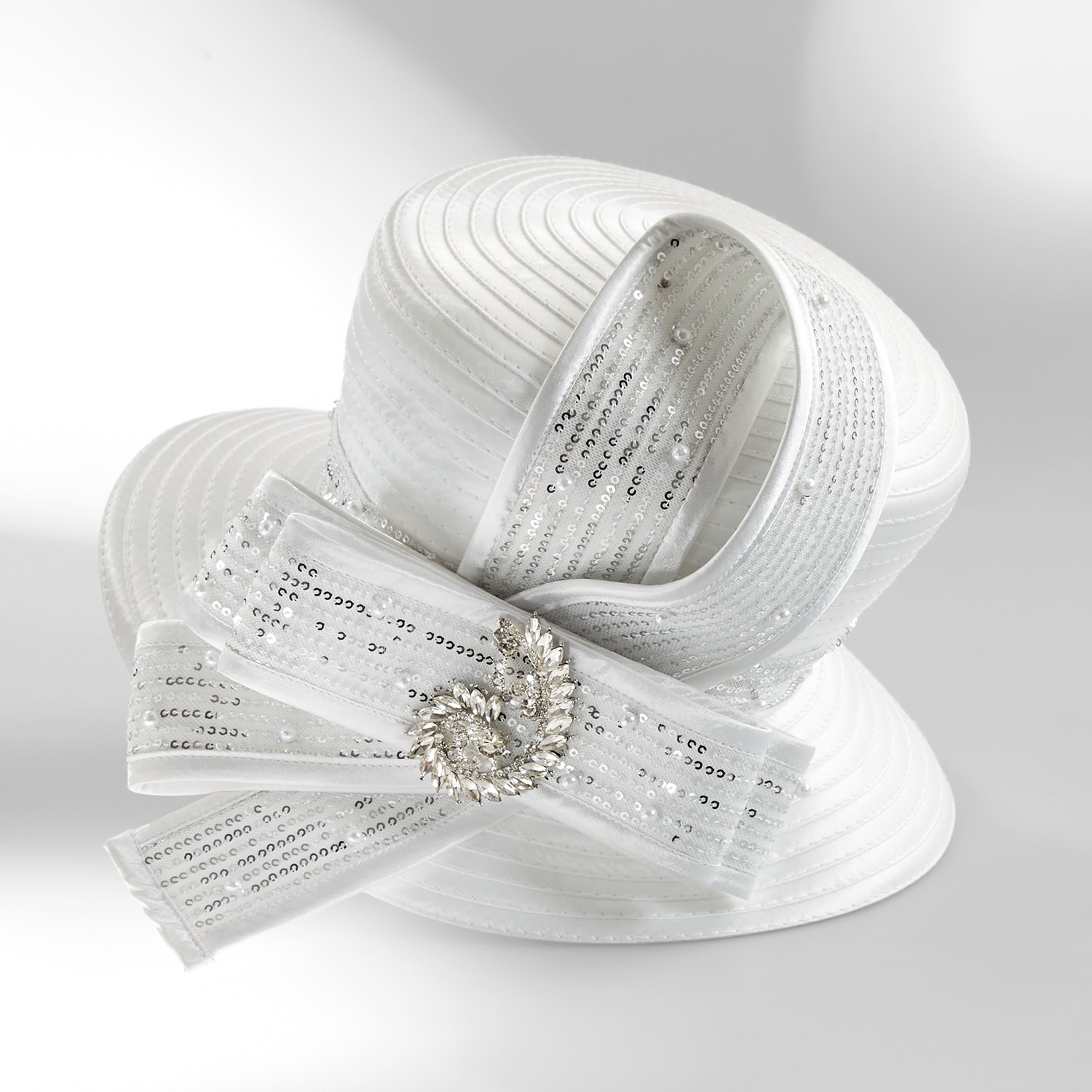 Amerie Women's Dress Hat – Sequin & Faux Pearl Bow with Rhinestone Brooch | ASHRO